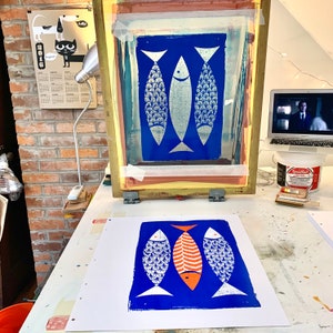 Modern Art Screenprint Scandinavian Style 3 Fish Art Print Indigo Wall ...