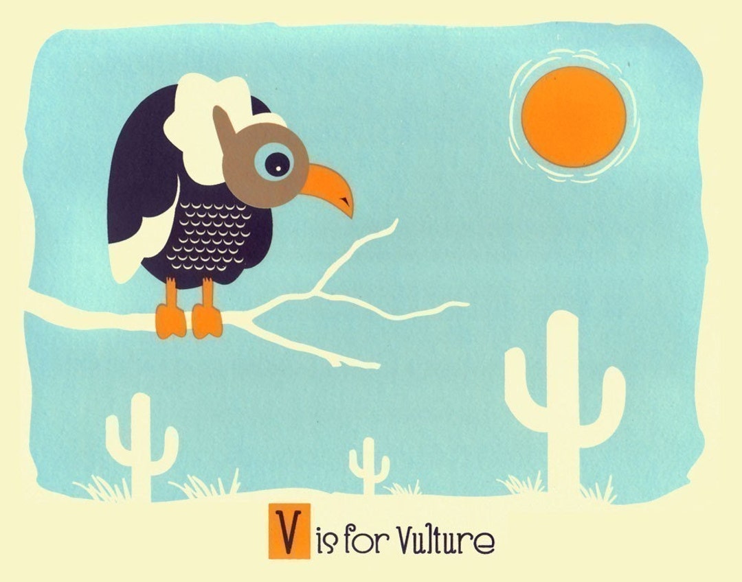 Kids Wall Nursery Art - V is for Vulture - Alphabet Print - Screenprint ...