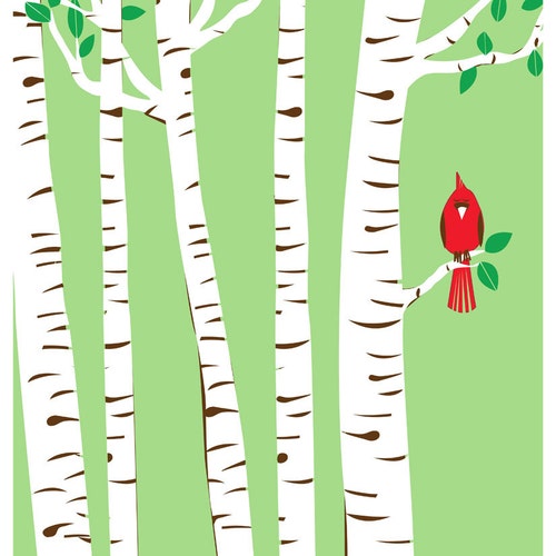 Screenprint Spring Cardinal Art Print Modern Birch Trees - Etsy