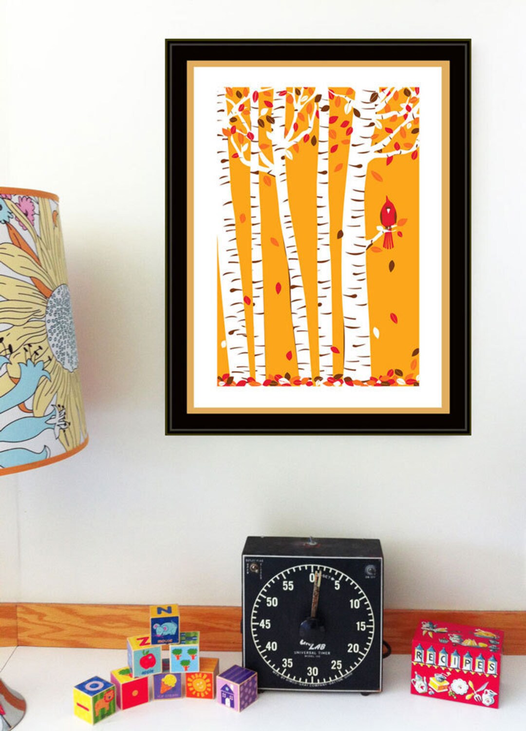 Autumn Cardinal Print Screenprint - Fall Leaves & Red Bird Birch Tree ...