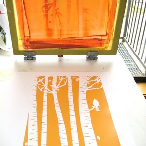 Autumn Cardinal Print Screenprint - Fall Leaves & Red Bird Birch Tree ...