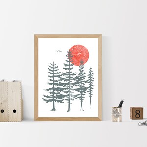 Evergreen Trees Screenprint Art Print Silkscreen Red Sun Northwest ...