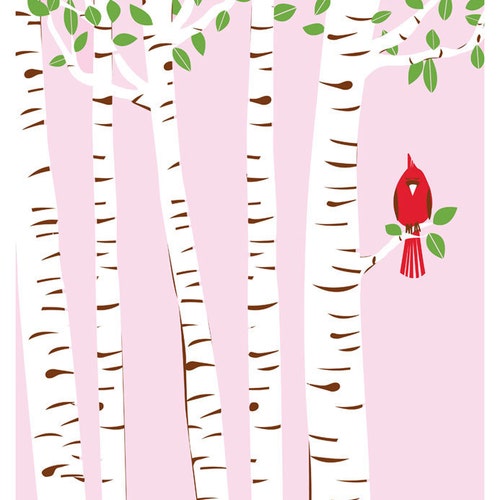 Screenprint Spring Cardinal Art Print Modern Birch Trees - Etsy