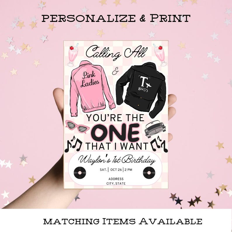 Grease Theme You're the One That I Want First Birthday Invitation ...
