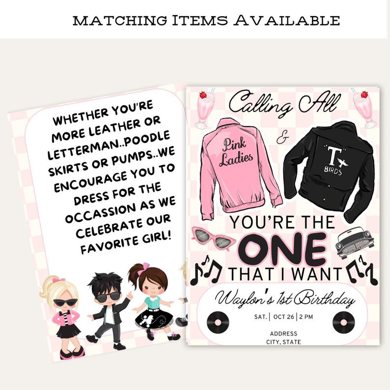 Grease Theme You're the One That I Want First Birthday Invitation ...