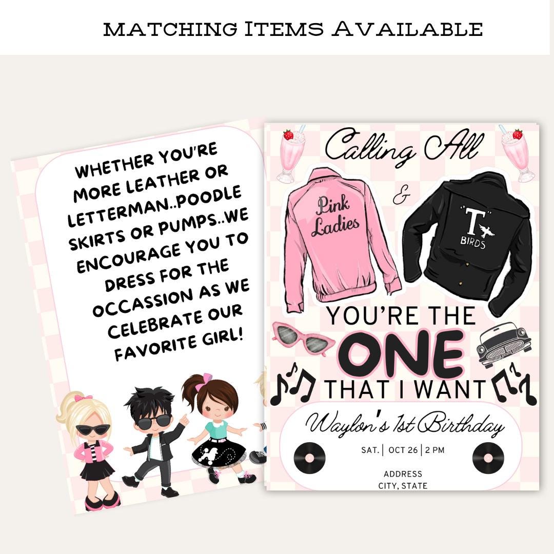 Grease Theme You're the One That I Want First Birthday Invitation ...