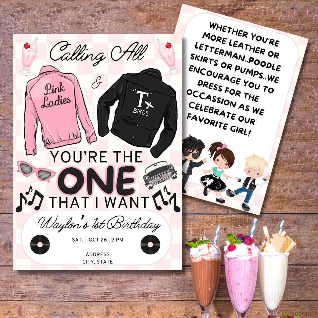 Grease Theme You're the One That I Want First Birthday Invitation ...