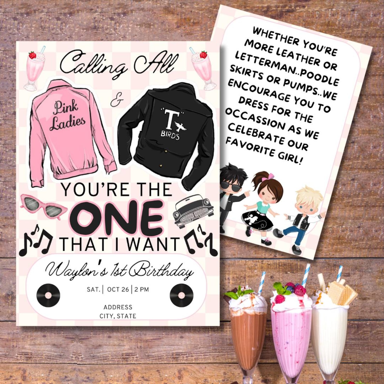 Grease Theme You're the One That I Want First Birthday Invitation ...