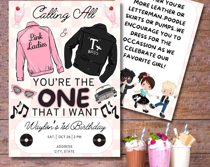 Grease Theme You're the One That I Want First Birthday Invitation ...