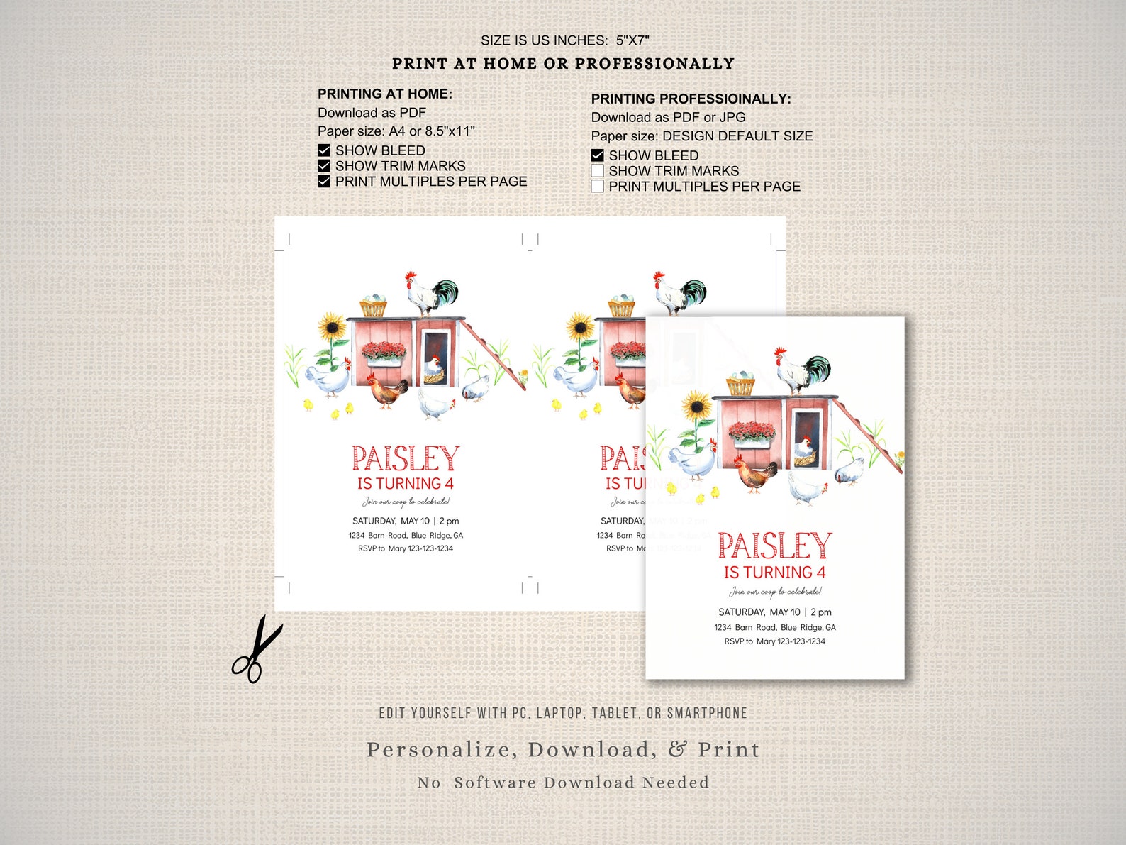 Editable Chicken Birthday Invitation, Farm Party Invite, Editable ...