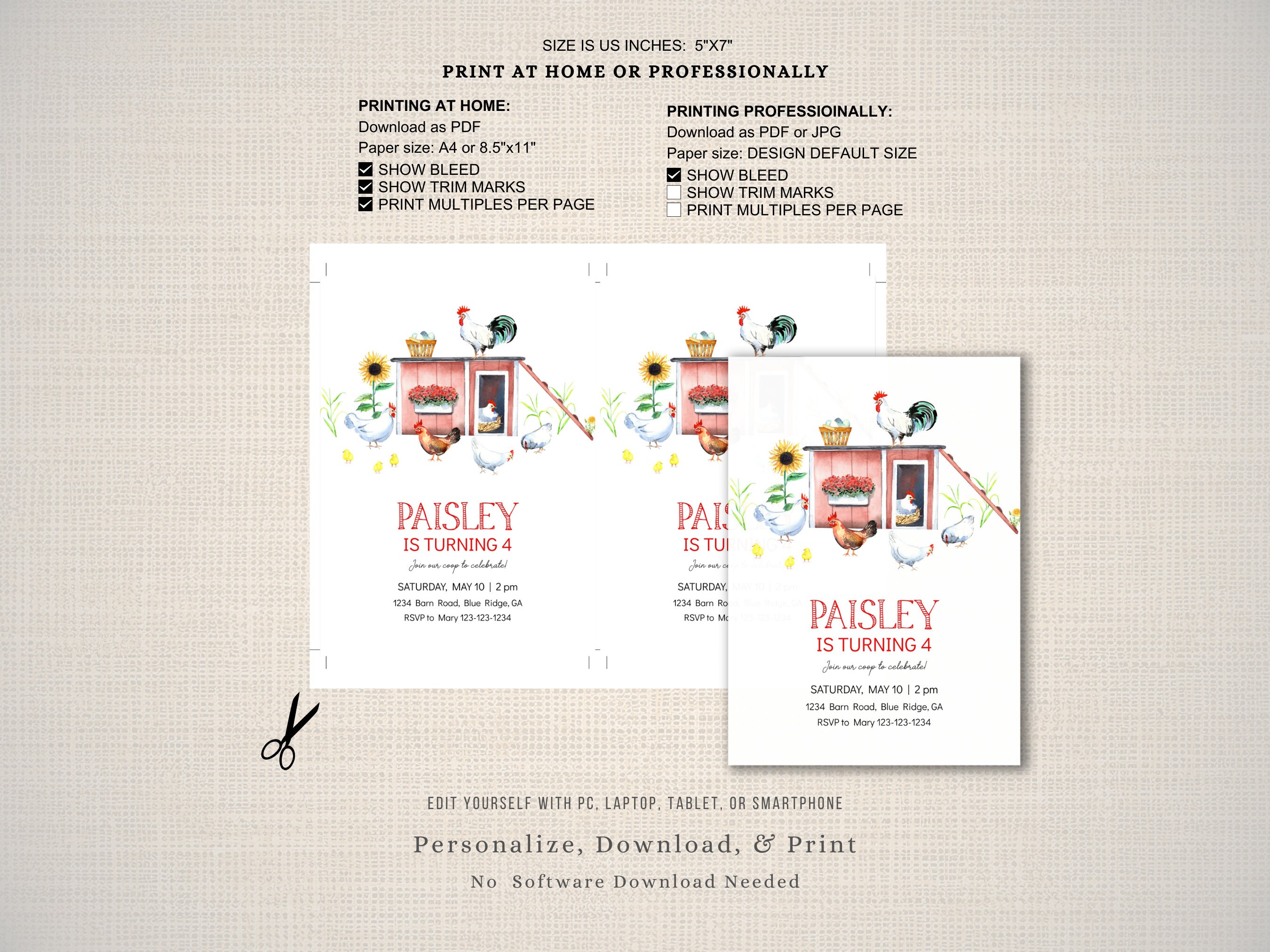 Editable Chicken Birthday Invitation, Farm Party Invite, Editable ...