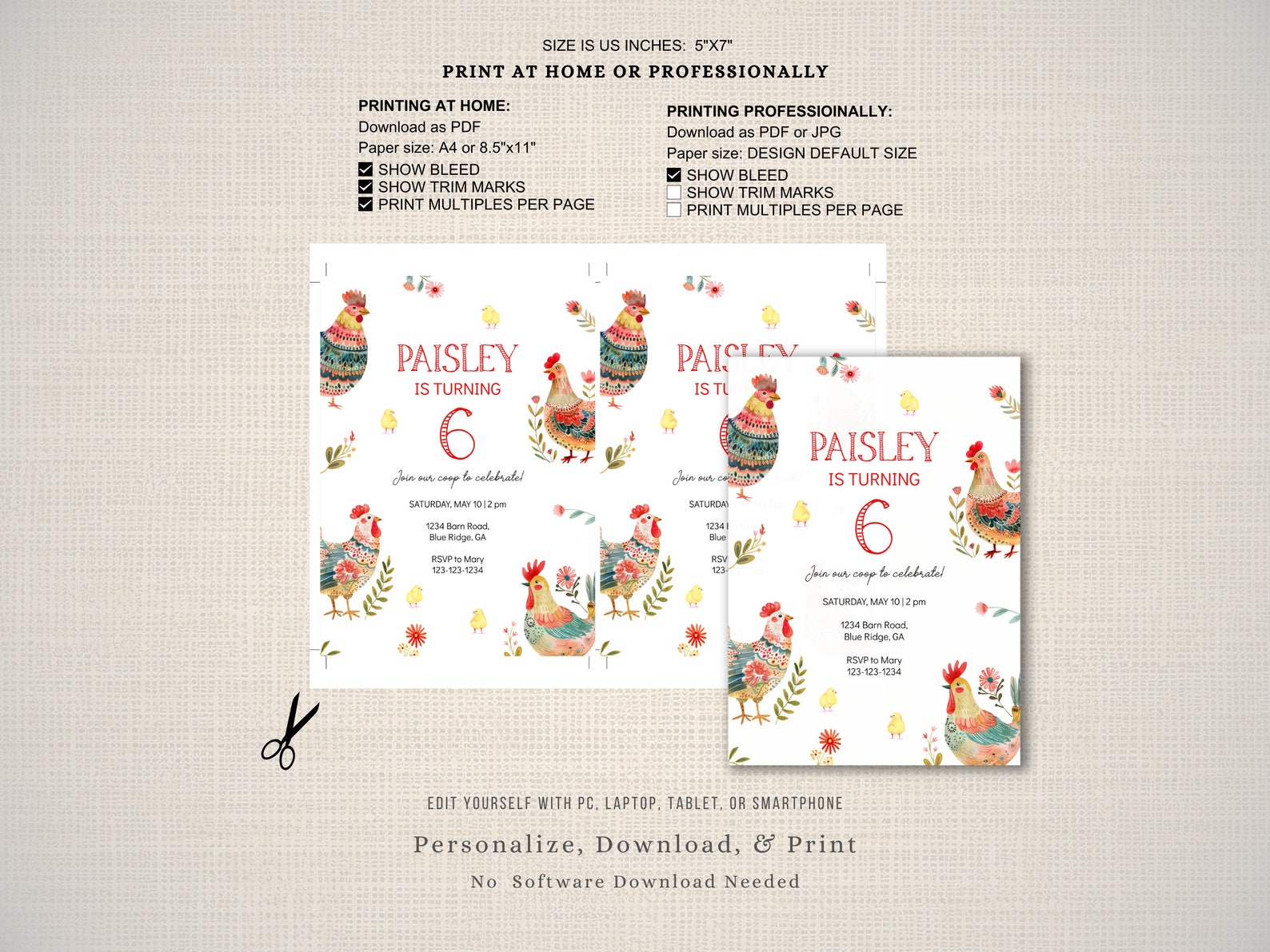 Editable Chicken Birthday Invitation, Farm Party Invite, Editable ...