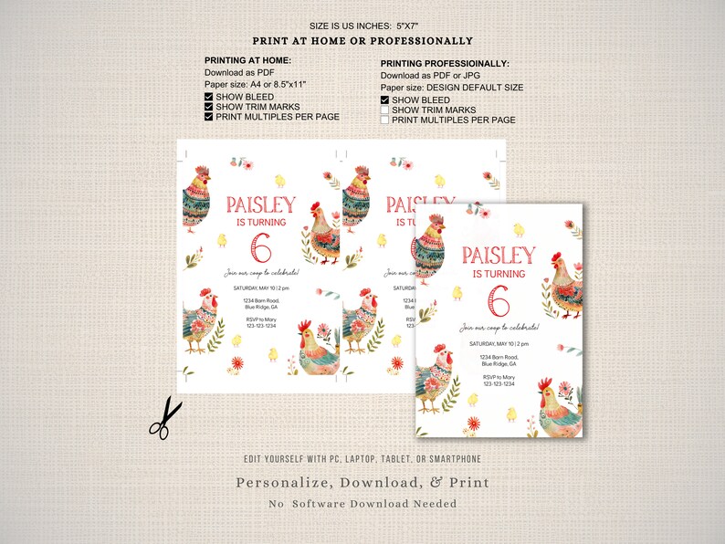 Editable Chicken Birthday Invitation, Farm Party Invite, Editable ...