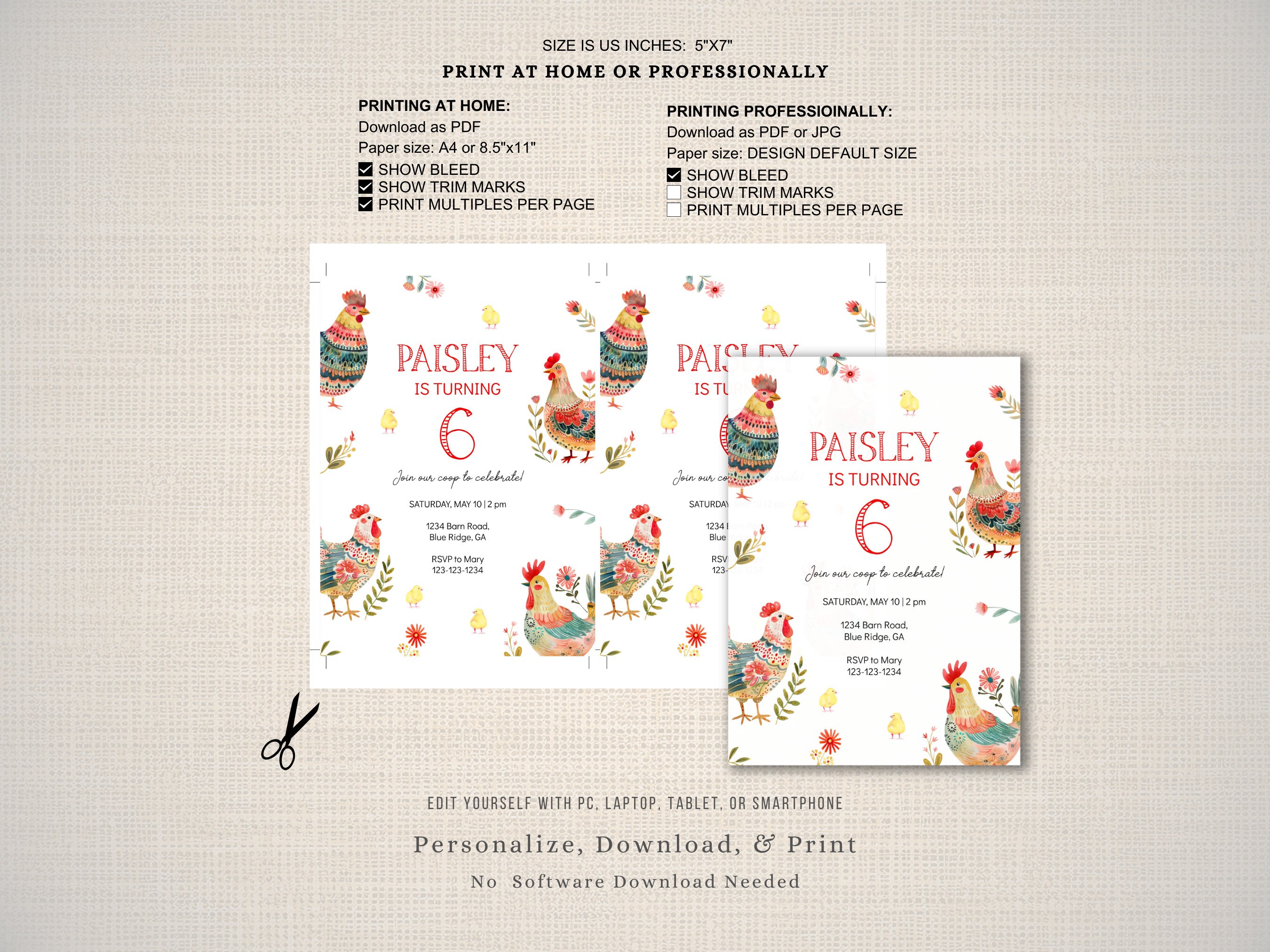 Editable Chicken Birthday Invitation, Farm Party Invite, Editable ...