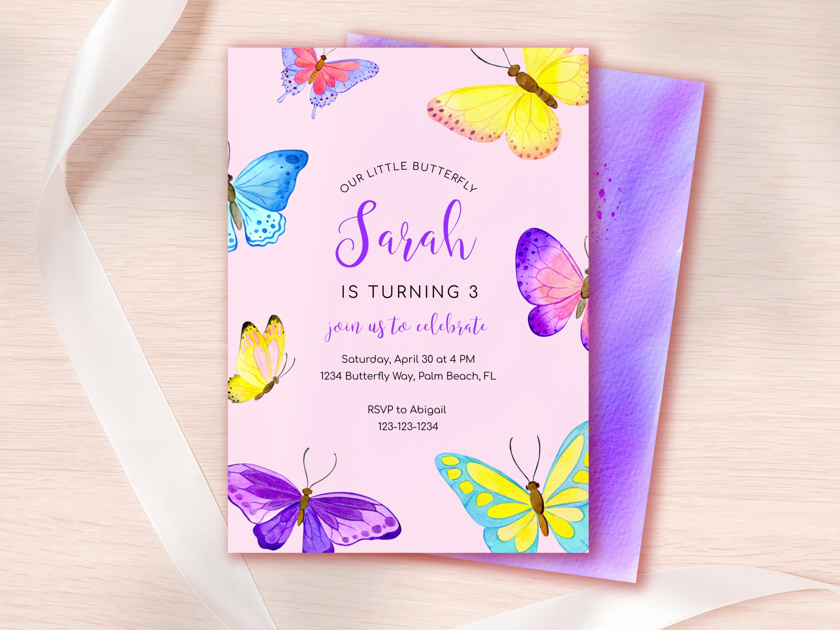 Butterfly Birthday Invitation Template, Butterfl Party Invite, Editable ...