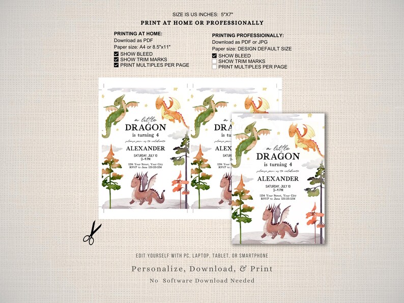 Dragon Birthday Invitation, Dragon Party Invite, Editable Invitation ...