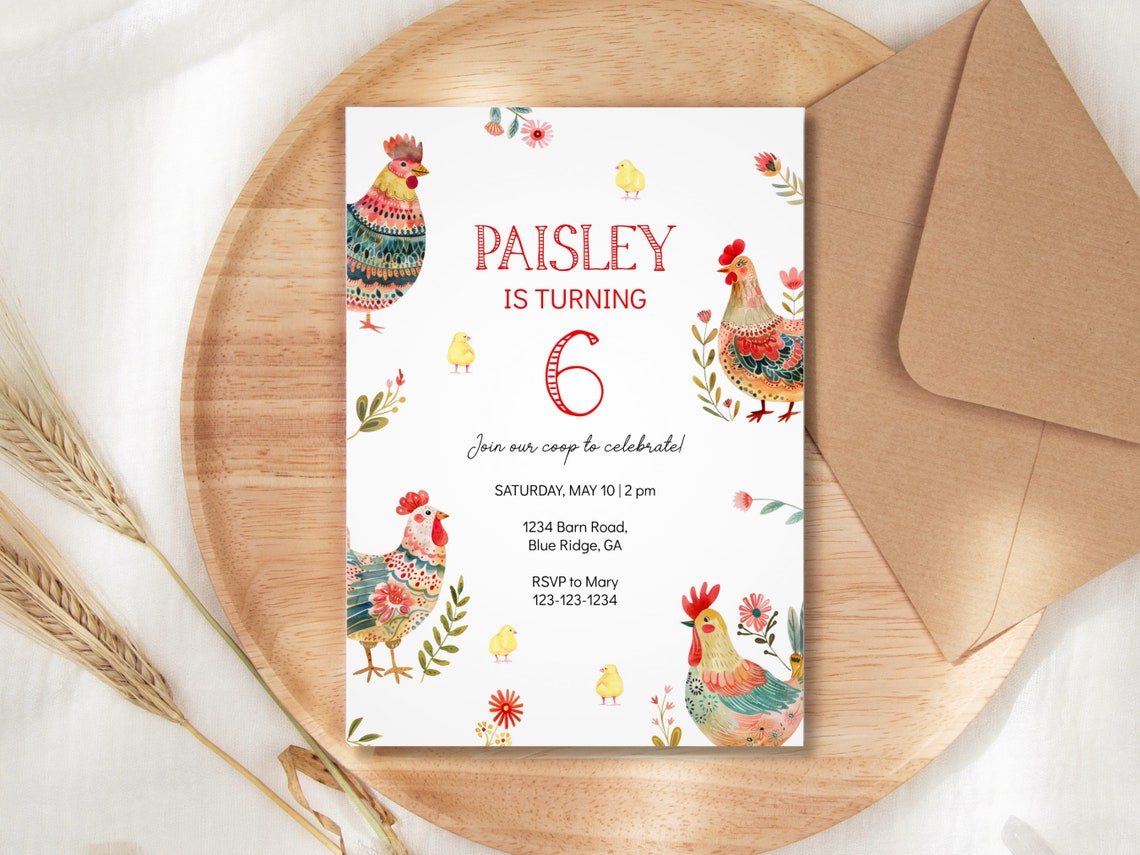 Editable Chicken Birthday Invitation, Farm Party Invite, Editable ...