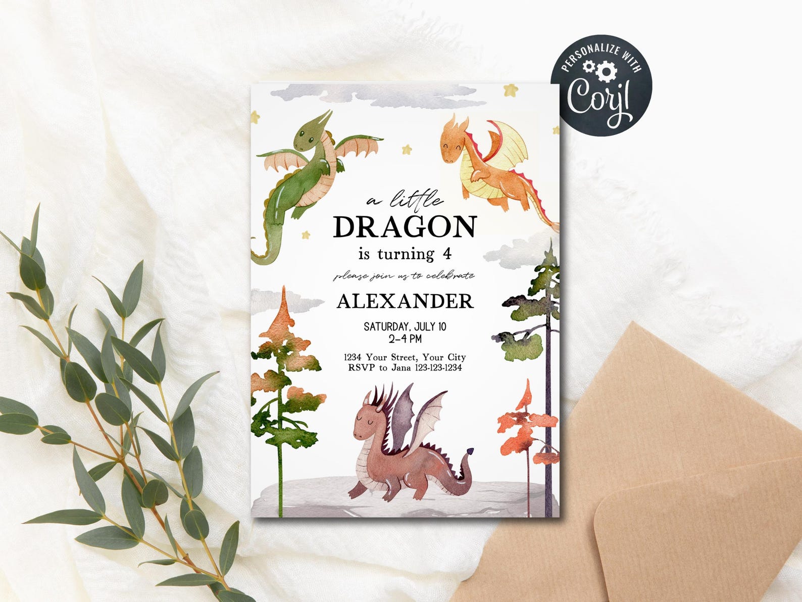 Dragon Birthday Invitation, Dragon Party Invite, Editable Invitation ...