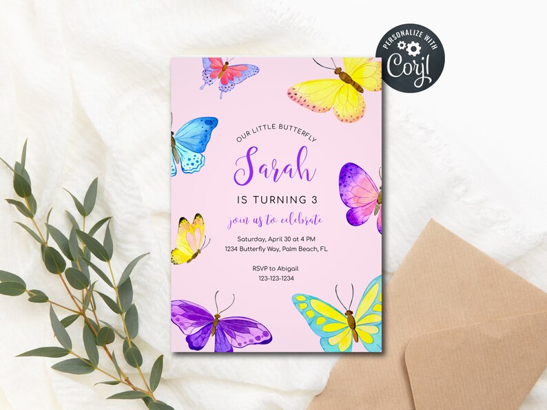 Butterfly Birthday Invitation Template, Butterfl Party Invite, Editable ...