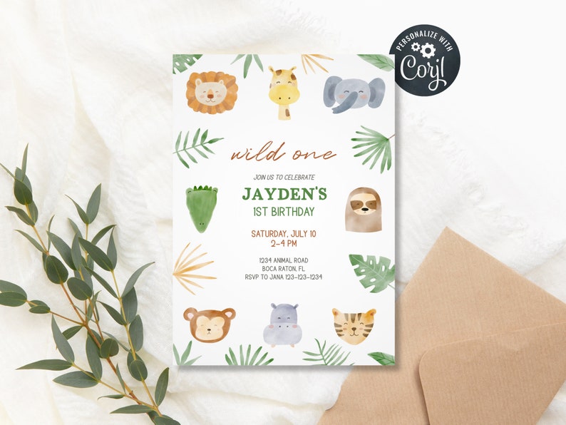 Wild One Birthday Invitation, Jungle Animal Birthday Template ...