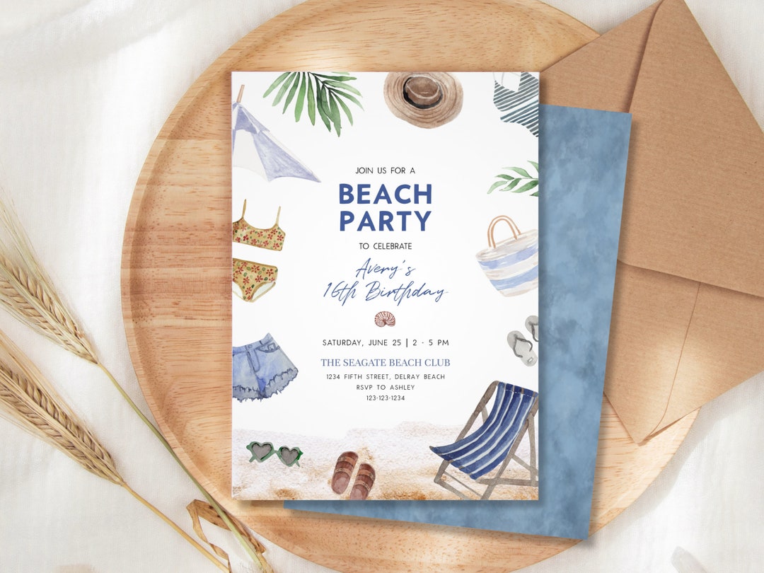 Beach Party Birthday Invitation, Summer Party Invite, Editable ...