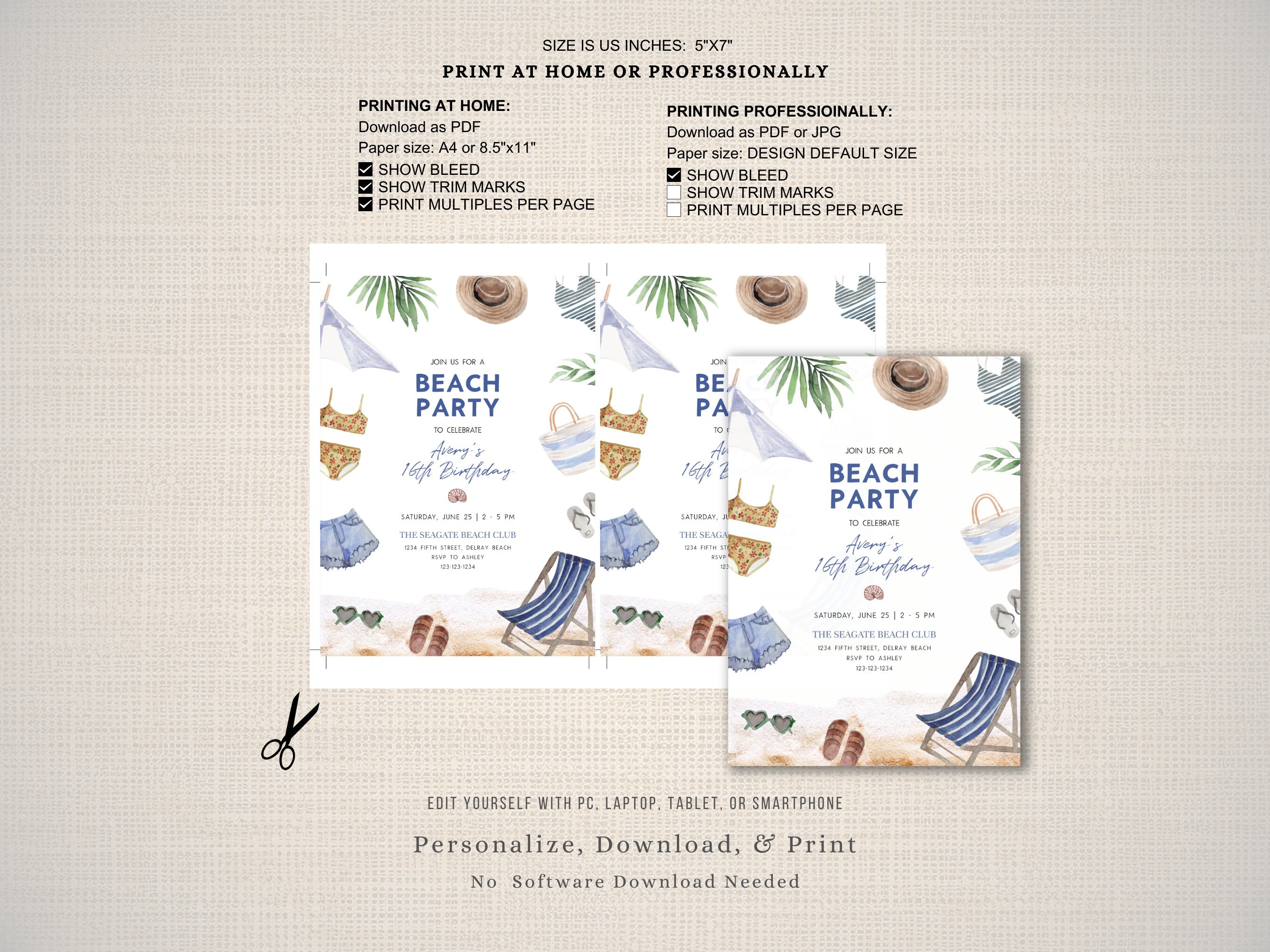 Beach Party Birthday Invitation, Summer Party Invite, Editable ...