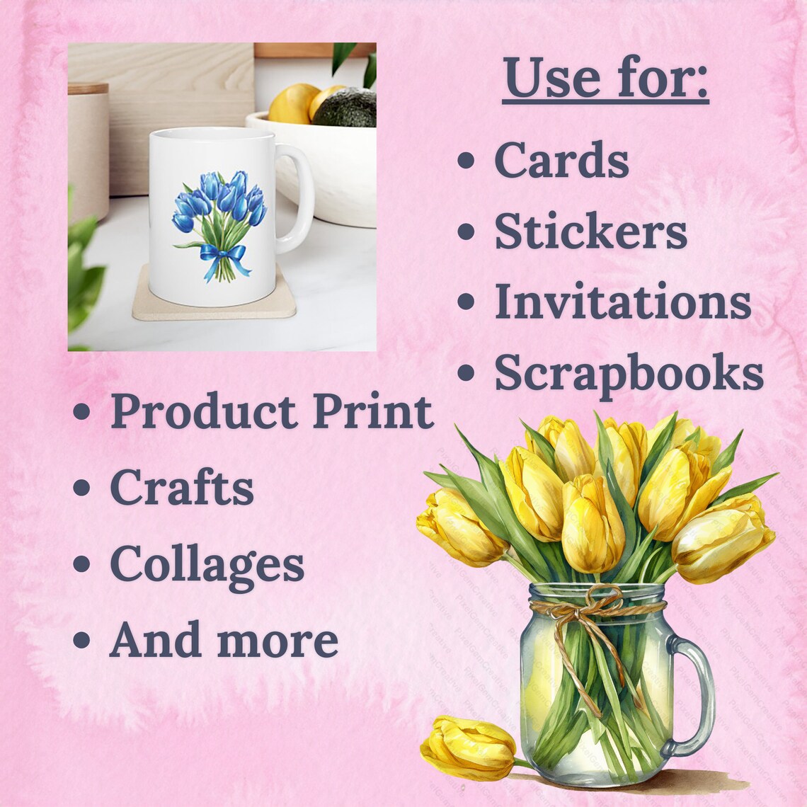 Watercolor Tulip Bouquet Clipart Bundle, 50 PNG Transparent Background ...