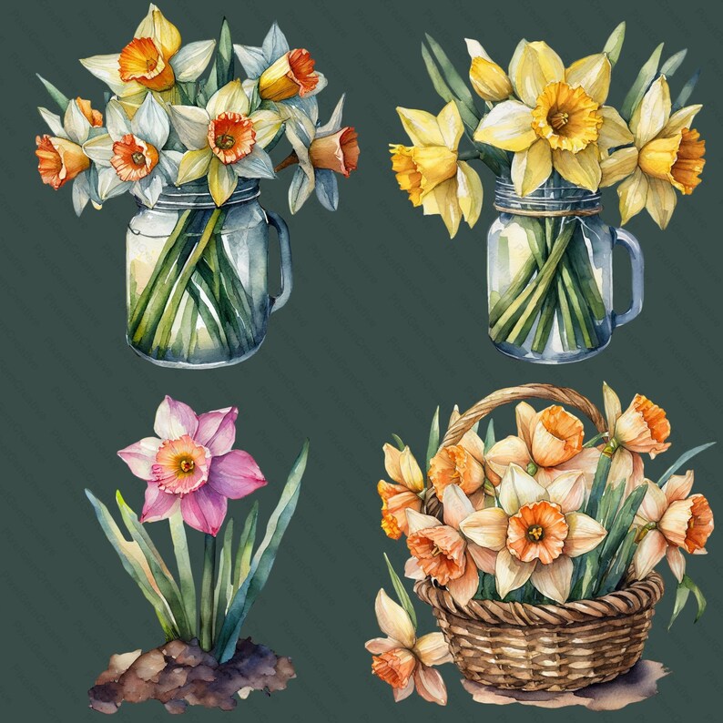 Watercolor Daffodil Clipart Bundle: Spring Floral PNG (commercial Use ...