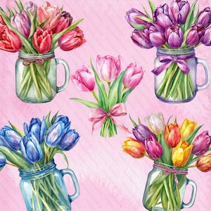 Watercolor Tulip Bouquet Clipart 50 Png Floral Images Commercial Use