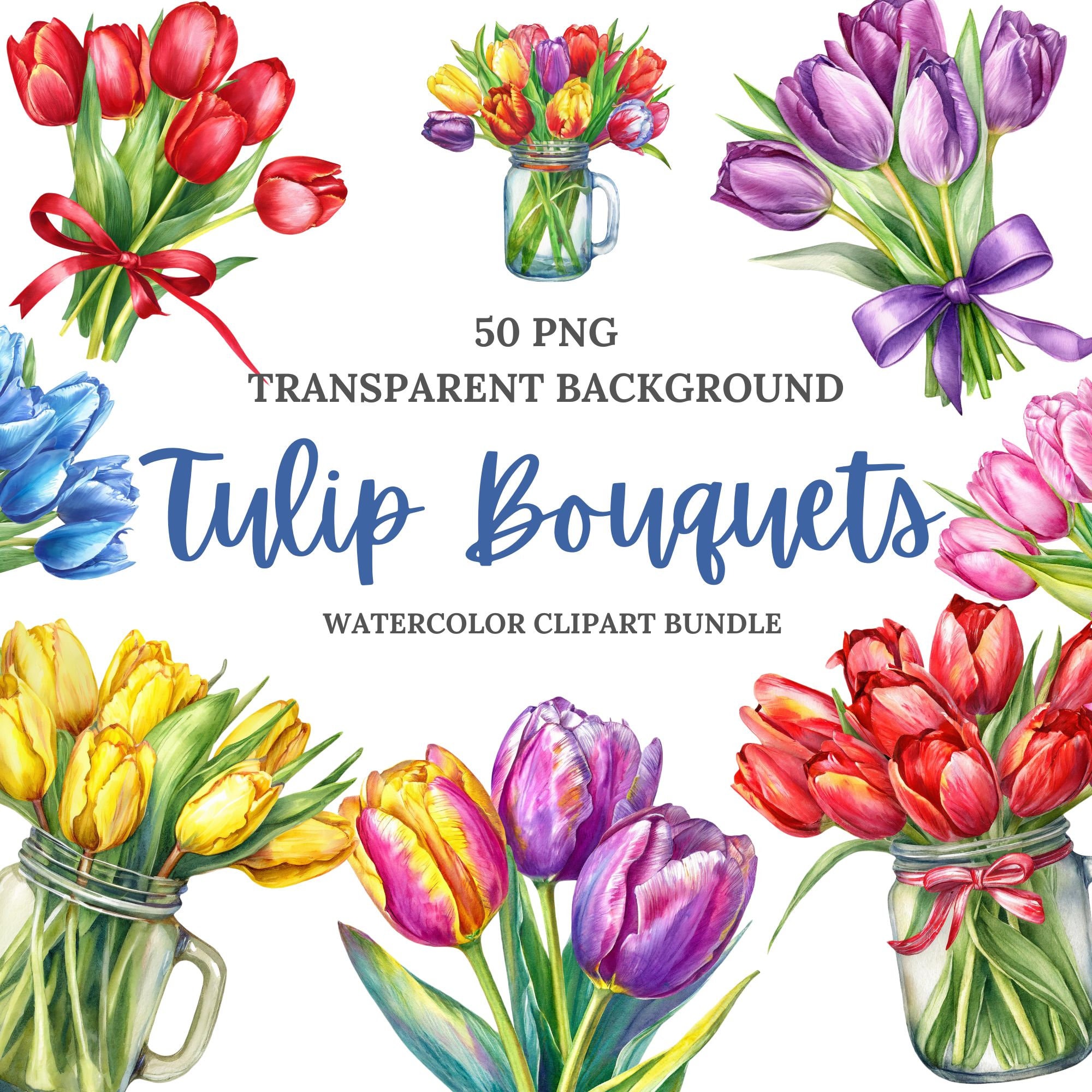 Watercolor Tulip Bouquet Clipart Bundle, 50 PNG Transparent Background ...