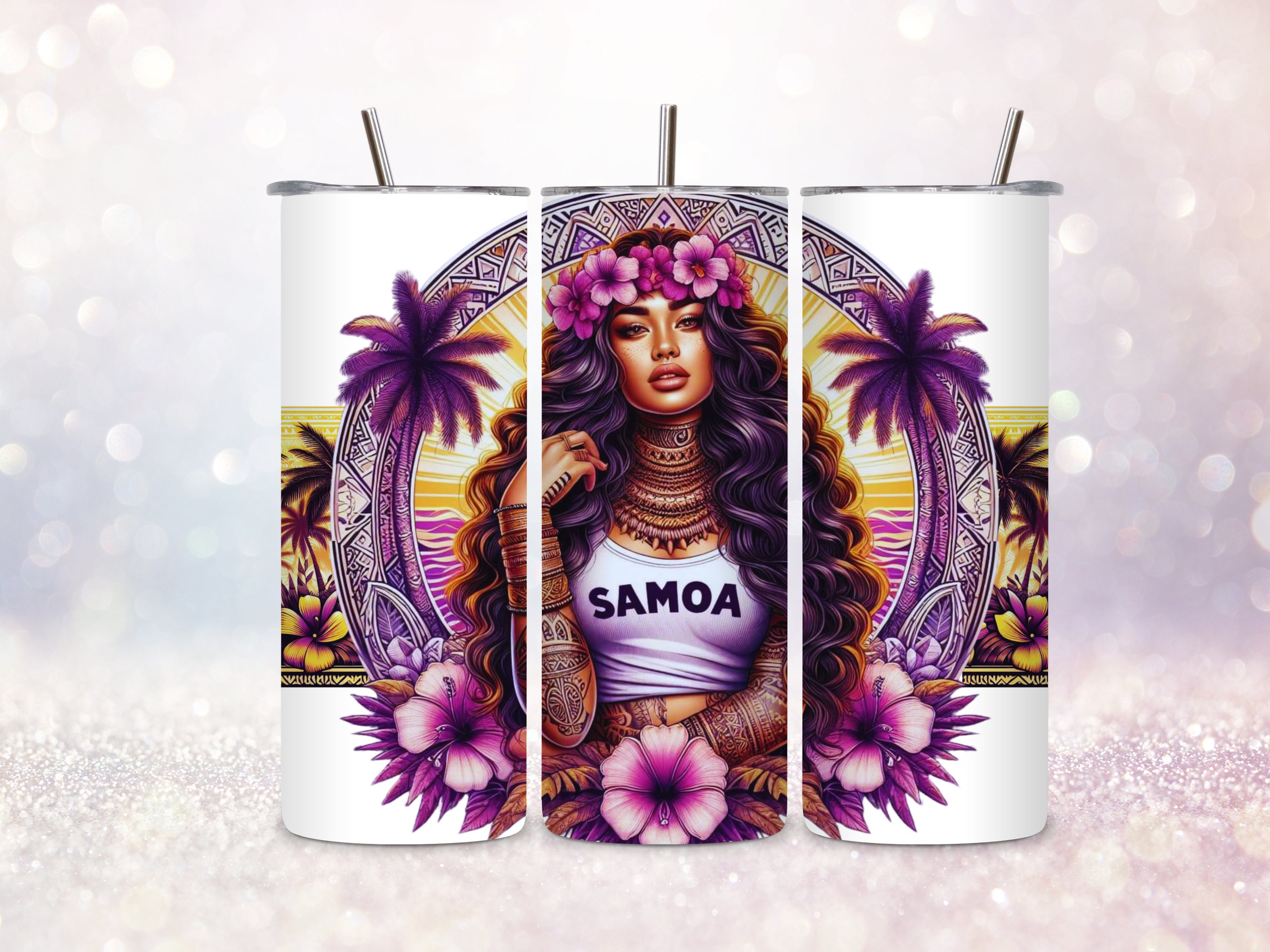 20oz Tumbler Wrap, Sublimation, Png, Tattoo Girl, Samoa, Floral, Palm ...