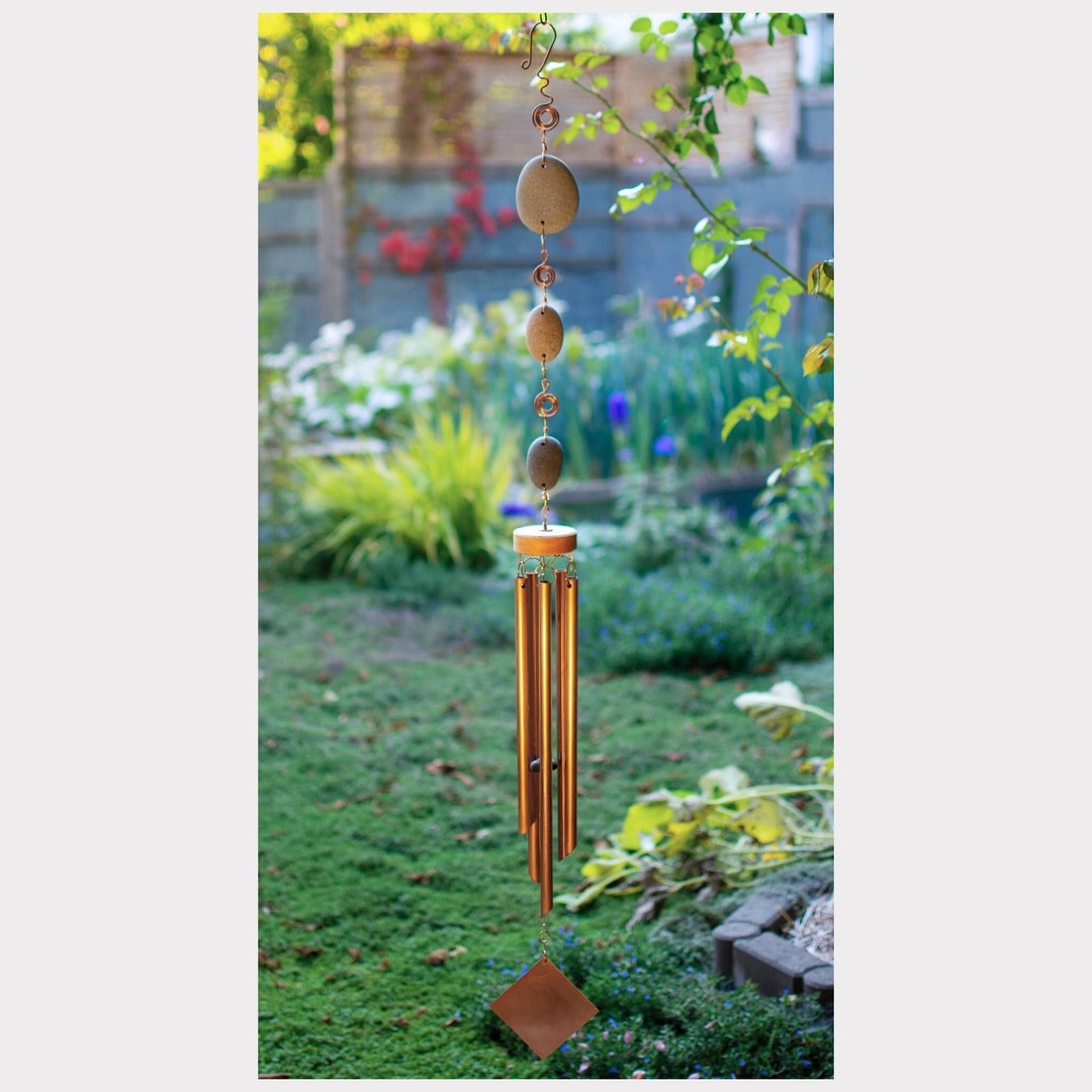 Large Wind Chime - Real Copper - Natural Beach Stones - (5 Chimes ...