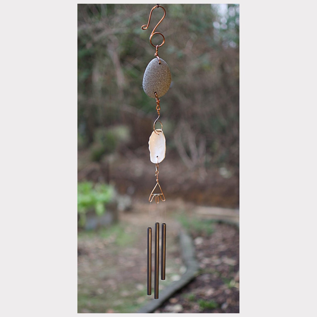 Handcrafted Wind Chime - Beach Stone - Oyster Shell - Brass Chimes ...