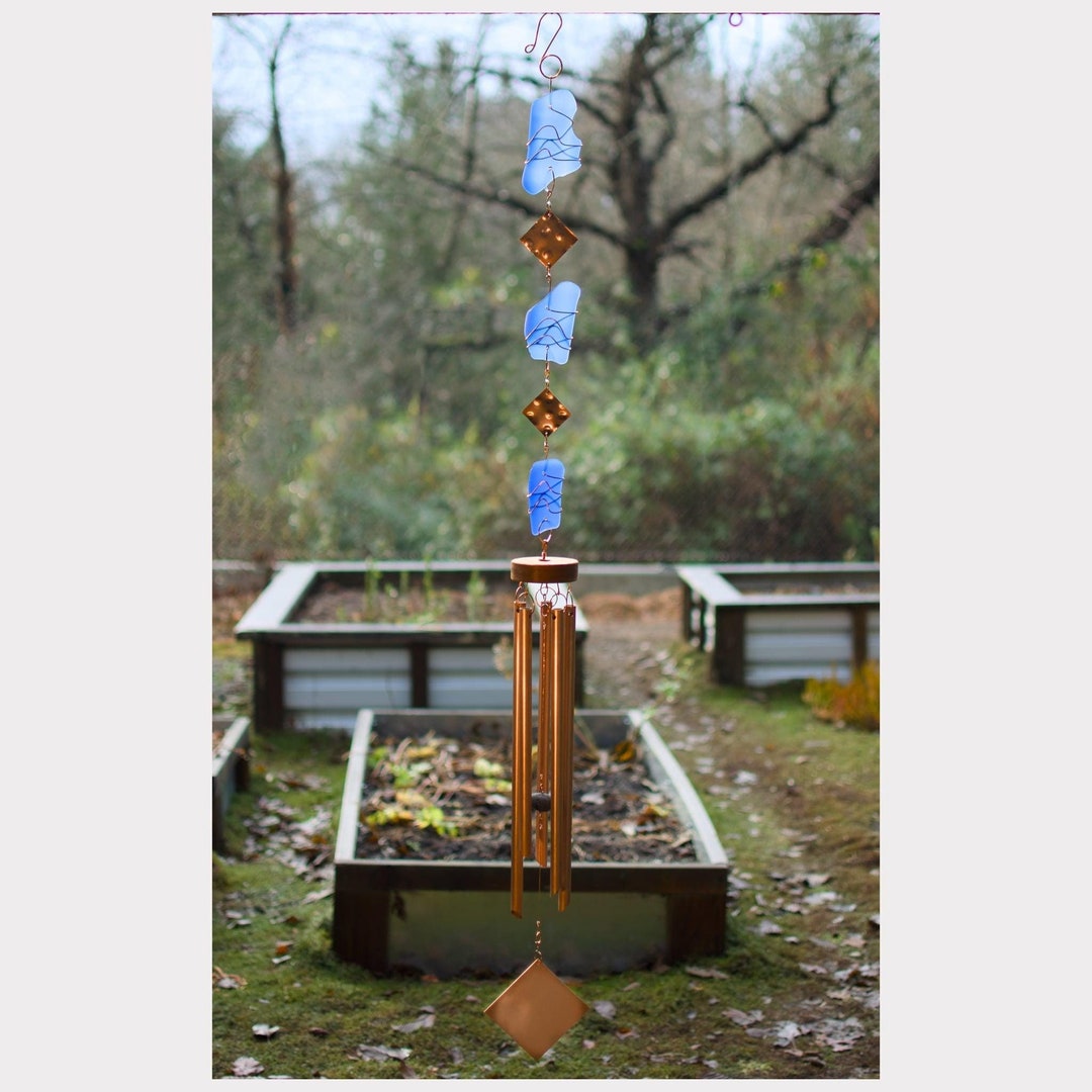 Wind Chime - Cobalt Blue Sea Glass - Genuine Copper Chimes - Relaxing ...