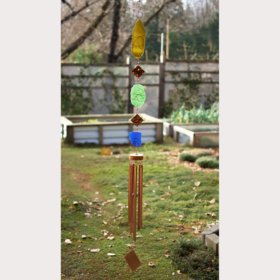 Large Copper Wind Chime Sea Glass Accents One-of-a-kind Soothing ...