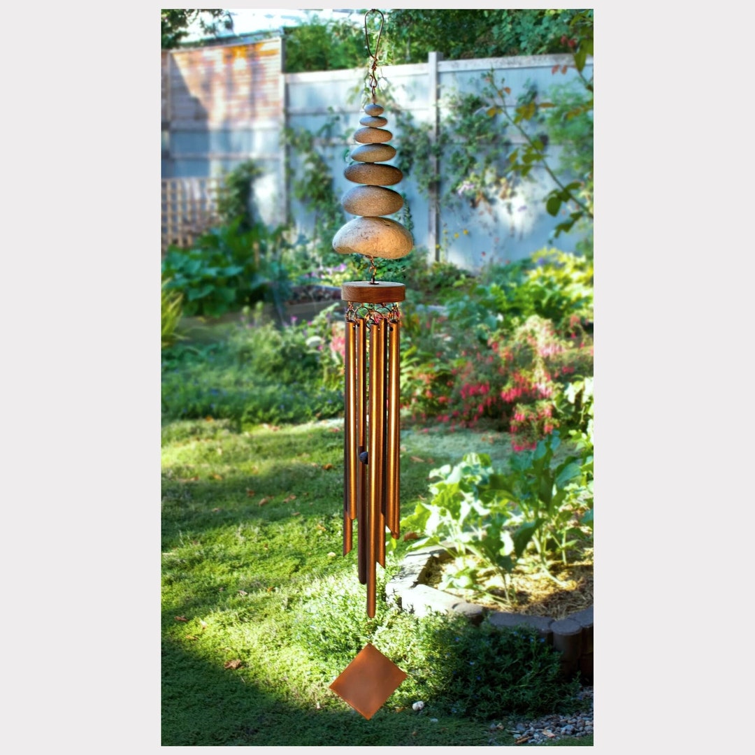 Copper Zen Wind Chime Handmade Beach Stone Garden Decor Calming Sounds ...