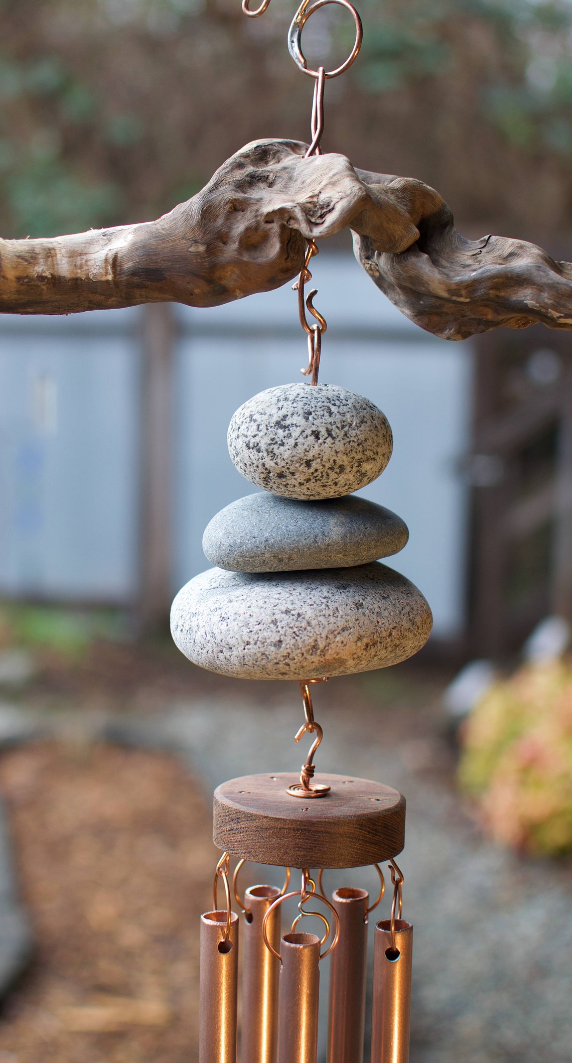 Wind Chimes Natural Driftwood Beach Stone Large Copper Chimes | Etsy