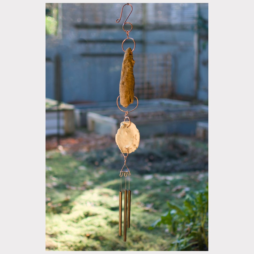 Wind Chime -coastal Driftwood Oyster Shell - Beach Comber - Brass ...