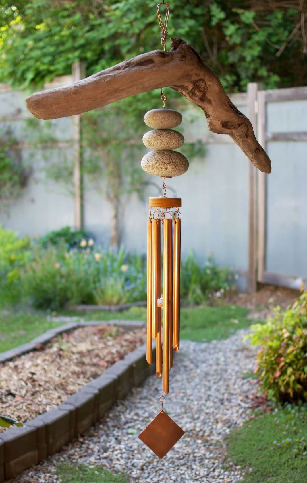 Wind Chime Massive Driftwood Beach Stones 7 Copper Chimes - Etsy