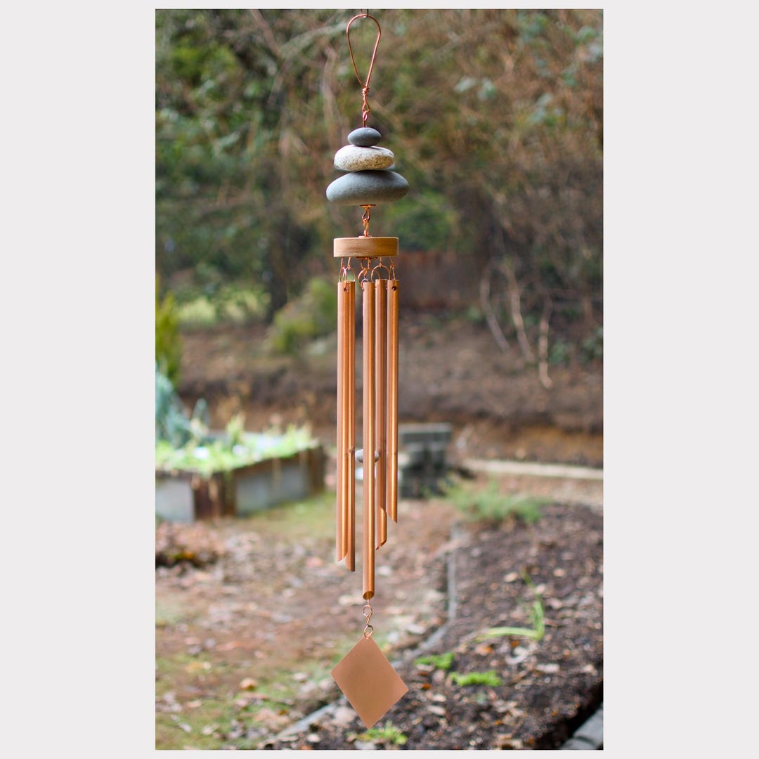 Large Zen Wind Chime - Natural Beach Stones - 5 Genuine Copper Chimes ...