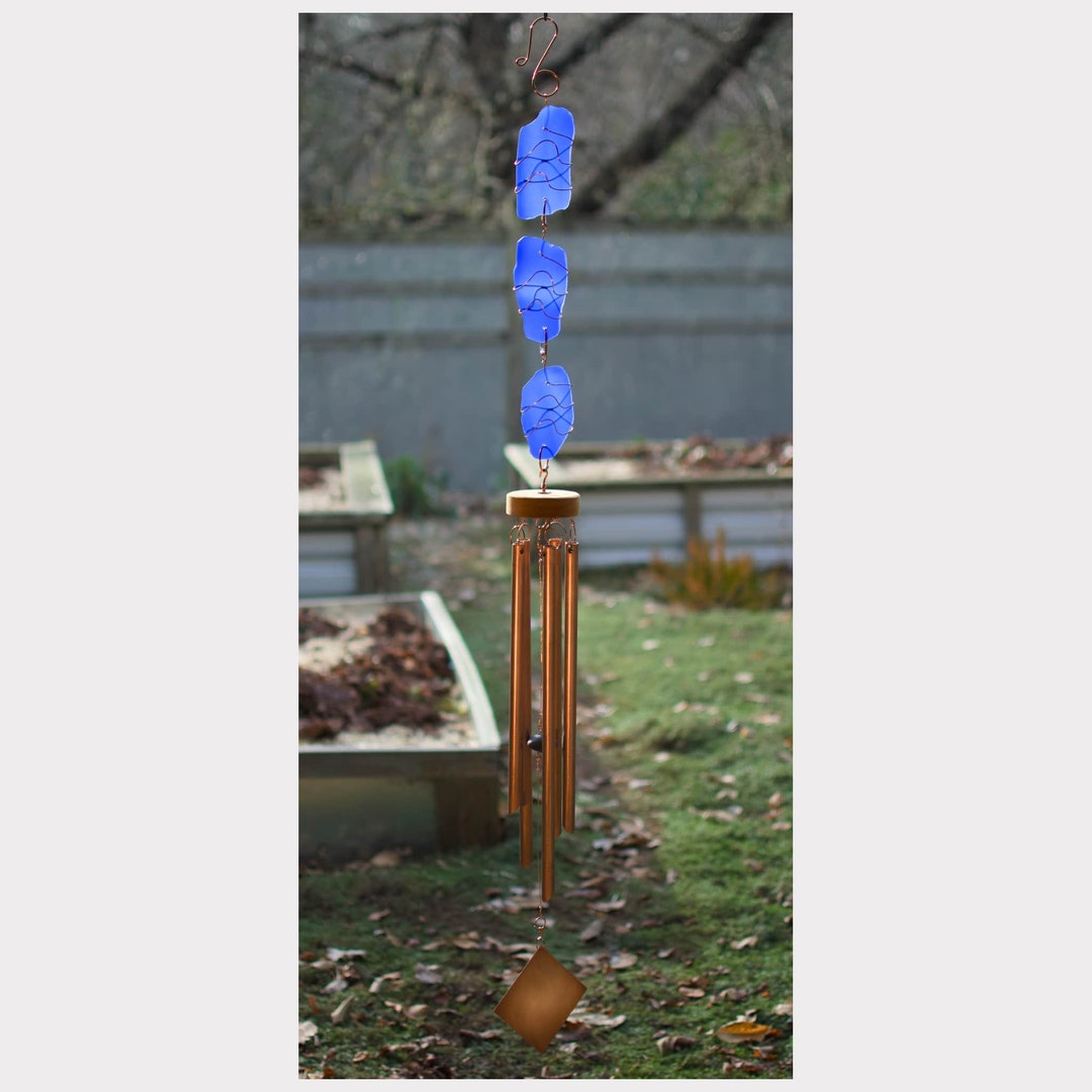 Wind Chime Cobalt Blue Sea Glass 5 Large Copper Chimes Outdoor ...