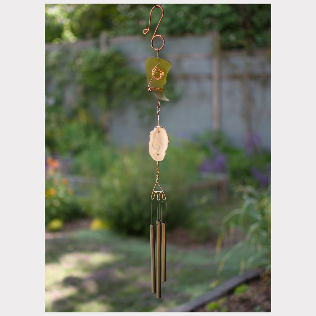 Wind Chime - Sea Glass and Oyster Shell - Brass Chimes - Gentle ...