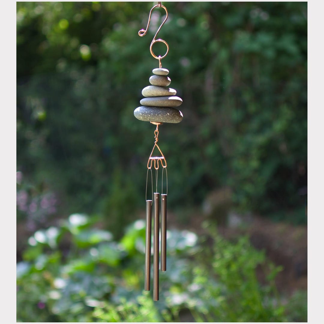 Outdoor Zen Wind Chime - Handcrafted Beach Stone With Brass Chimes ...