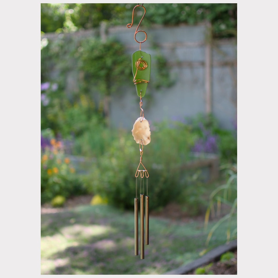 Small Wind Chime - Sea Glass and Oyster Shell - Brass Chimes - Gentle ...