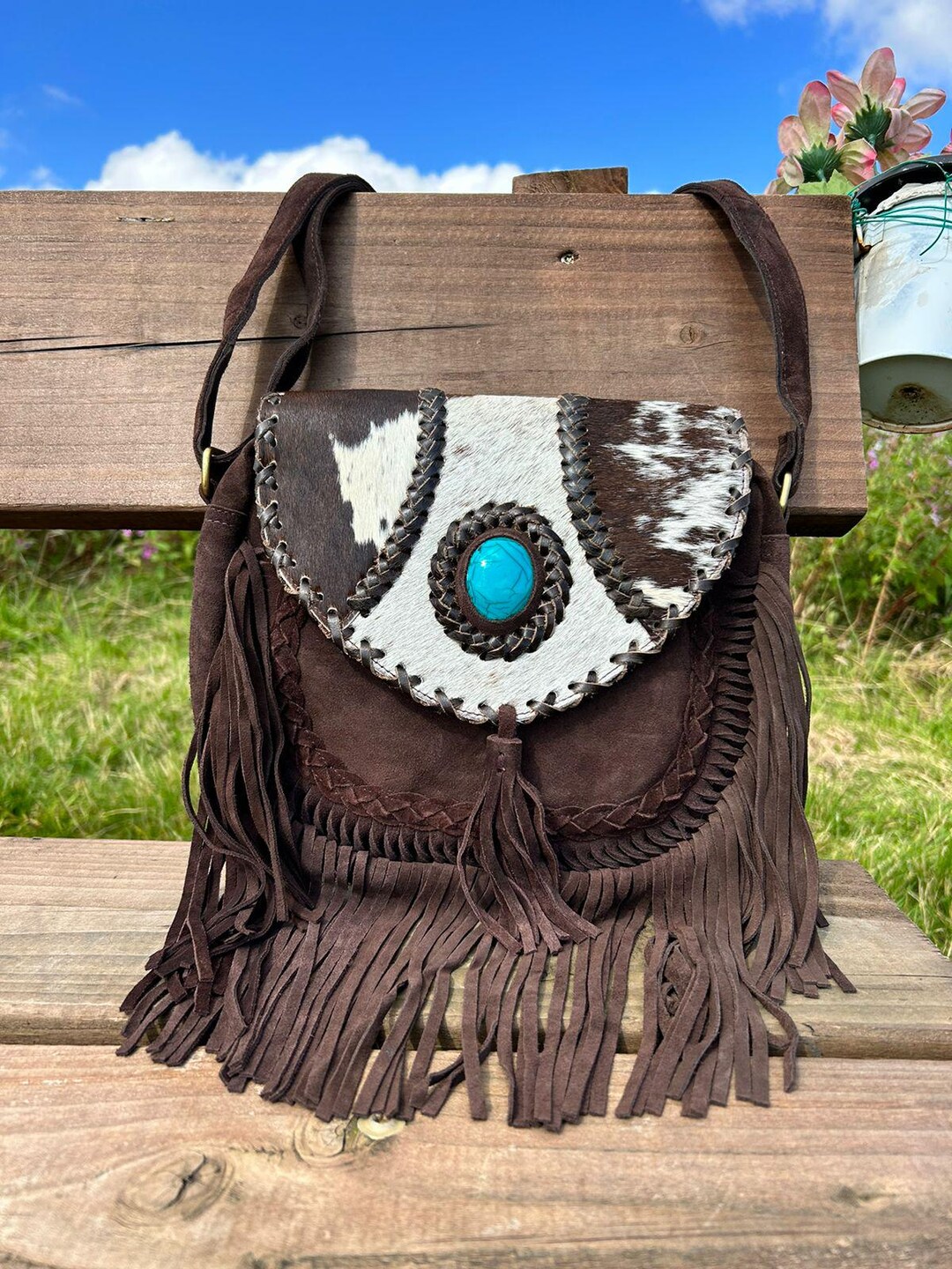 Cowhide Boho Crossbody Purse With Fringes Western Purse Turquoise ...