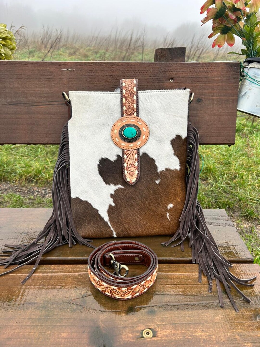 Turquoise Cowhide Crossbody Bag: Western Tooled Leather Fringe Purse - Etsy