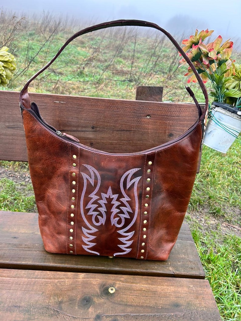 Hand Tooled Leather Cowhide Purse: Western Crossbody Tote Bag - Etsy
