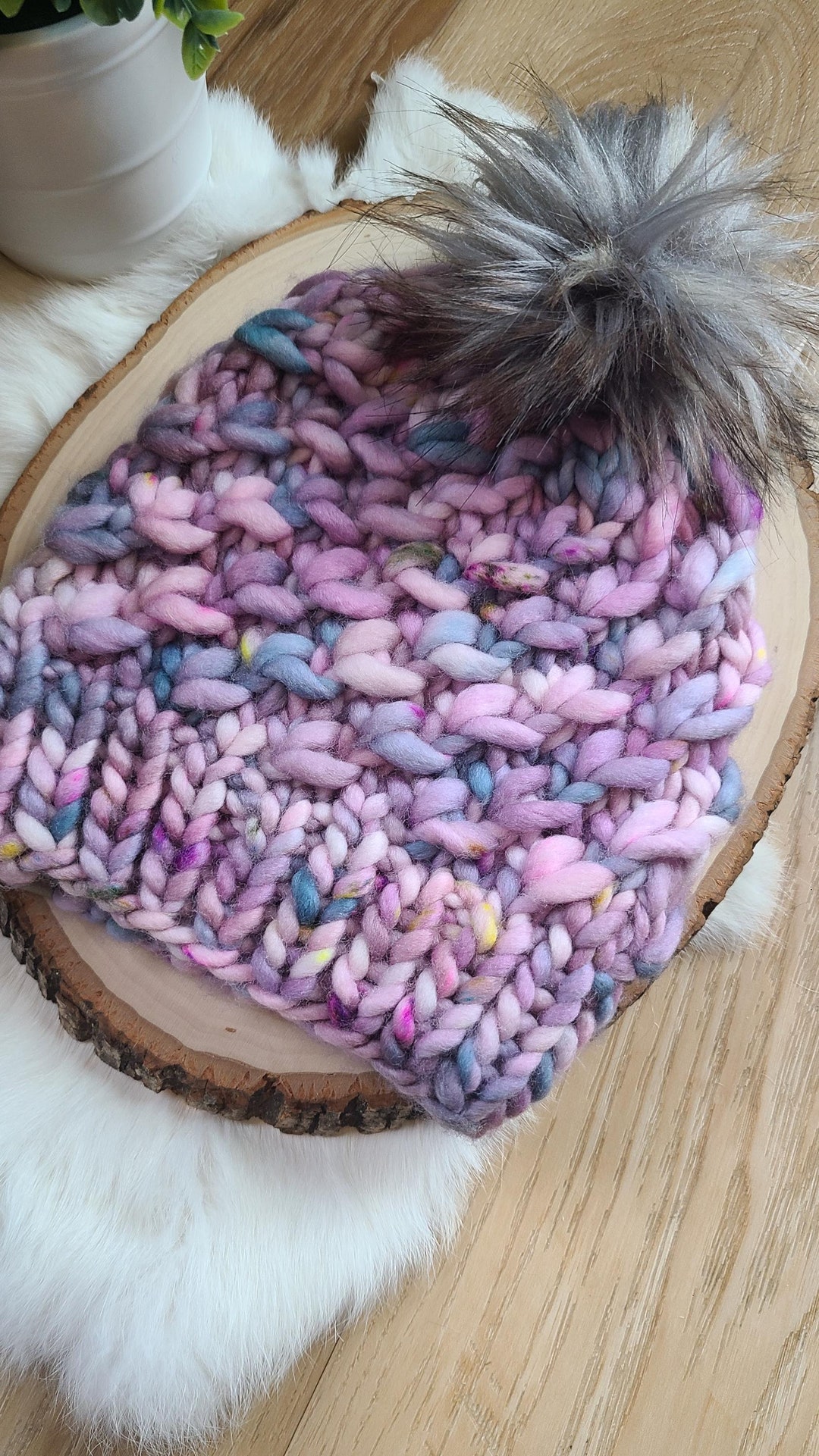 Purple Merino Wool Hat, Cozy Warm Wool Winter Beanie, Handmade Knitted ...