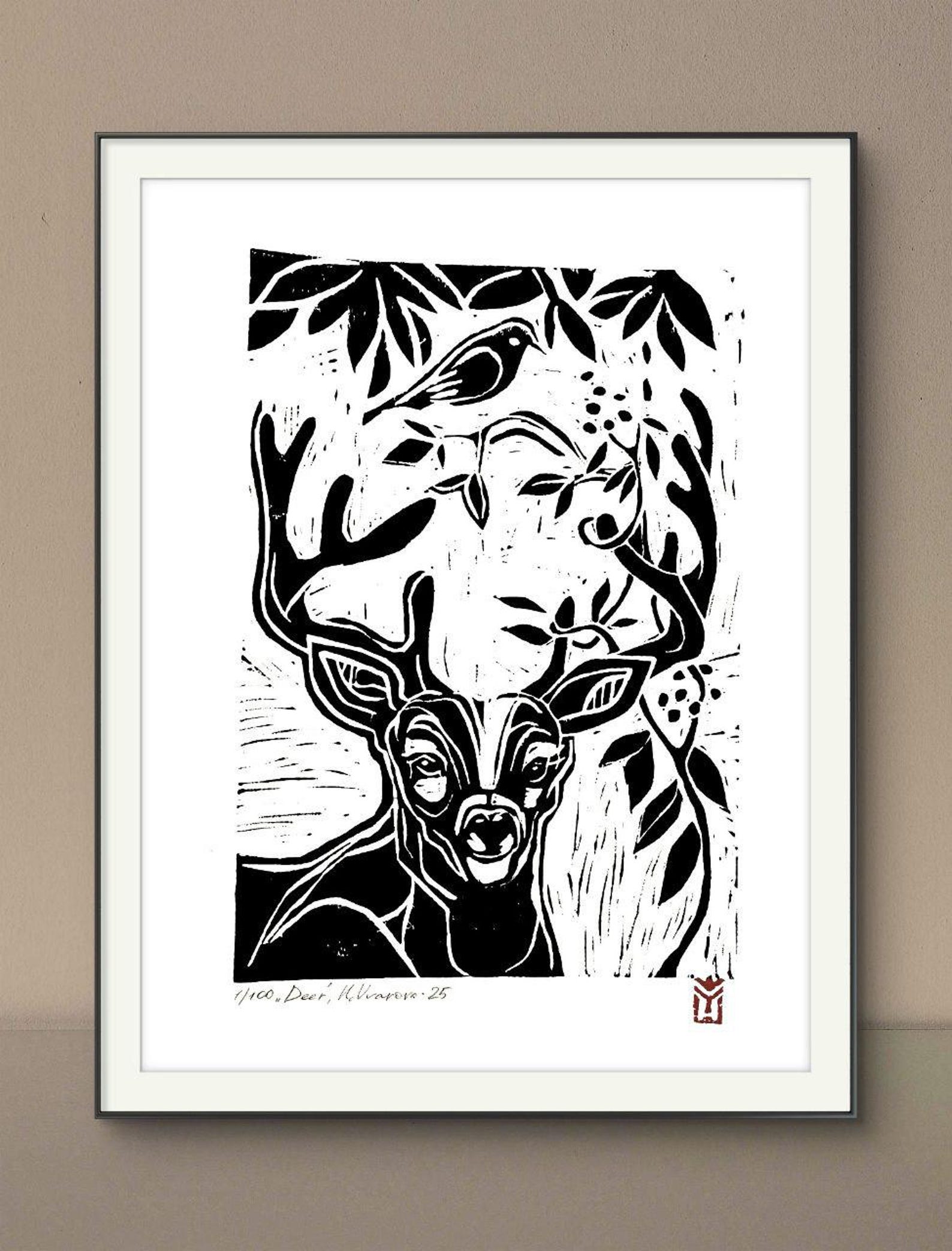 Forest Deer Linocut Print: A3 Black and White Stag Art, Limited Edition ...