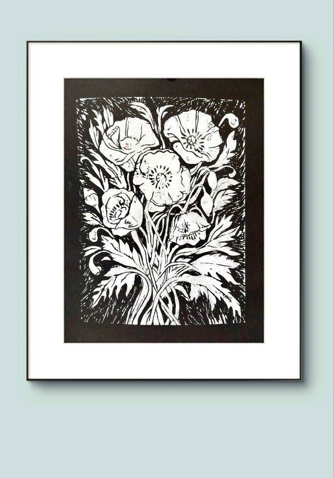 Poppy Bouquet Linocut Print: White Ink Botanical Art, Limited Edition ...